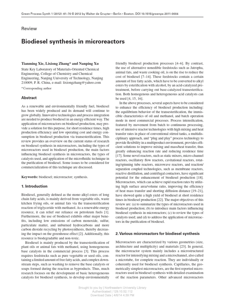 Biodiesel Synthesis in Microreactors | PDF