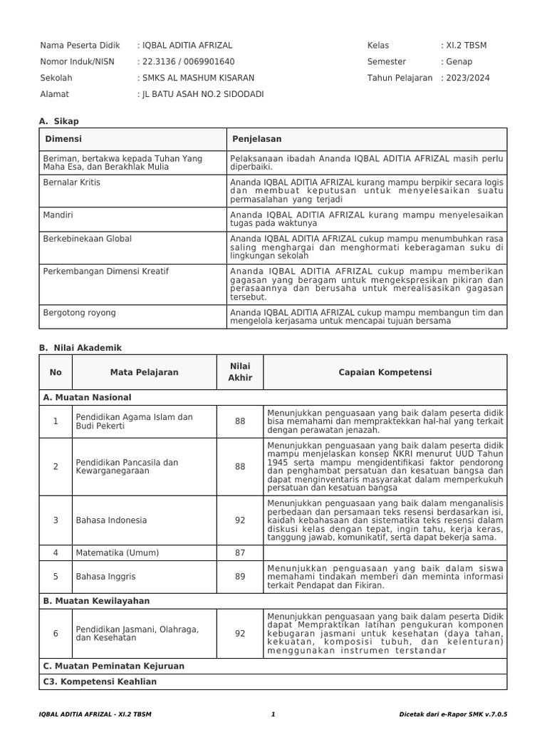 Rapor Iqbal Aditia Afrizal - Xi.2 TBSM | PDF