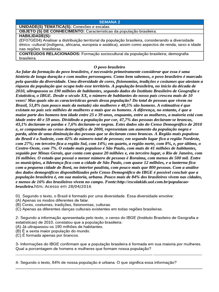 Atividade complementar 8° Ano - 2° Semana | PDF