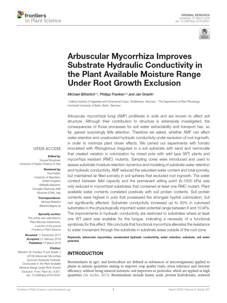 Arbuscular Mycorrhiza Improves Substrate Hydraulic Conductivity in The Plant Available Moisture ...