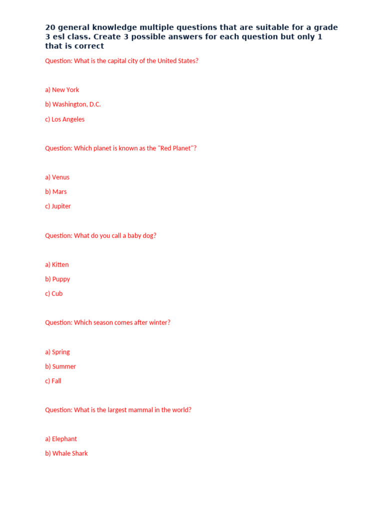 20 General Knowledge Multiple Questions | PDF