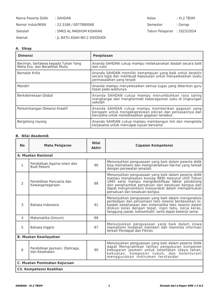 Rapor Sahdan - Xi.2 TBSM | PDF
