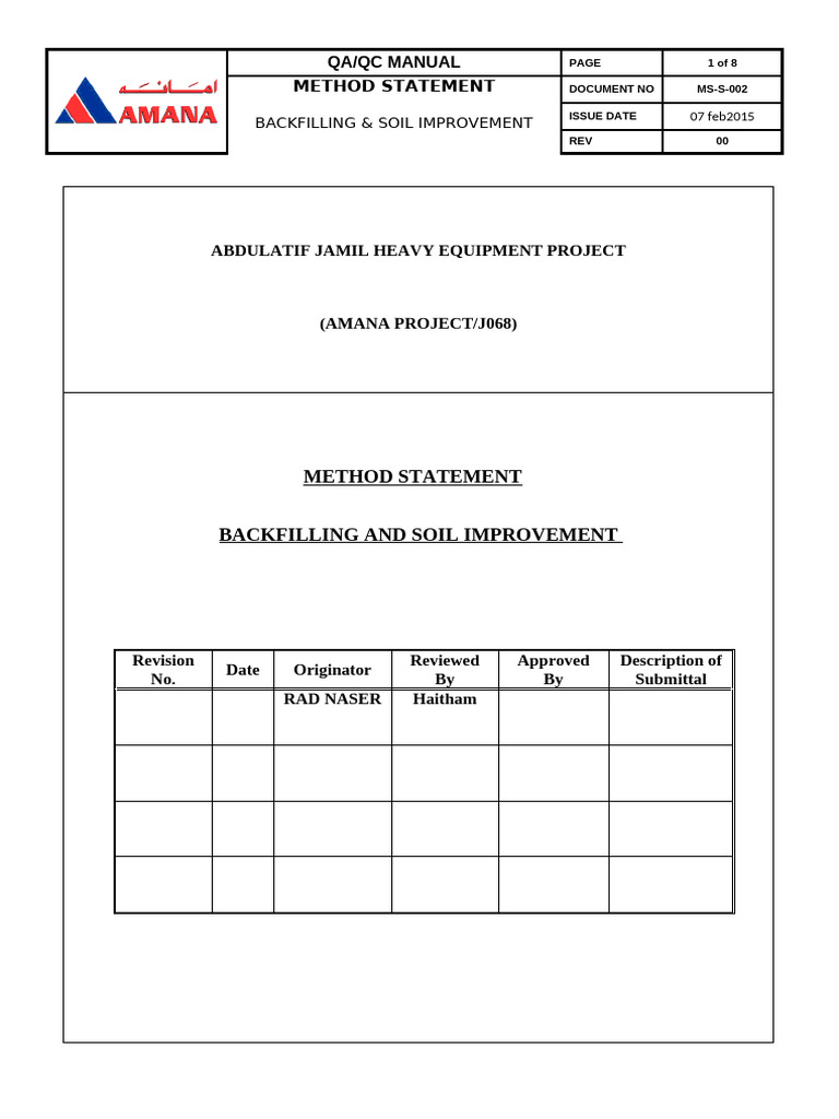 Method Statement Backfilling and Soil Improvement | PDF
