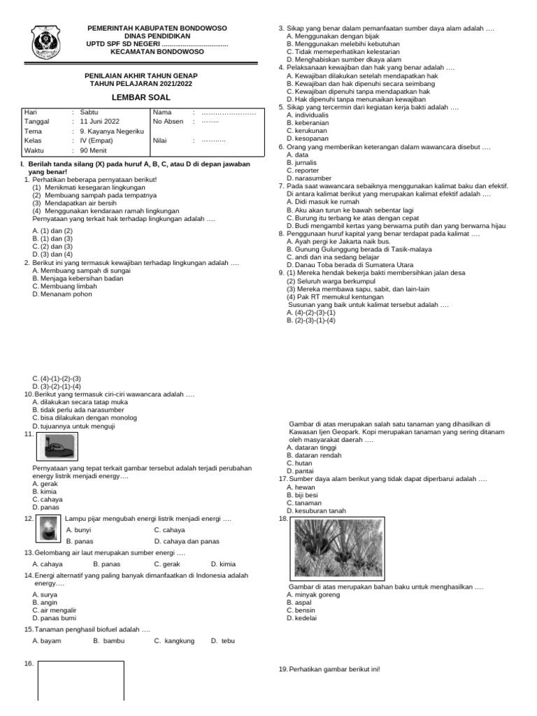 2. NASKAH SOAL PAT 2021-2022 KELAS 4 TEMA 9 | PDF