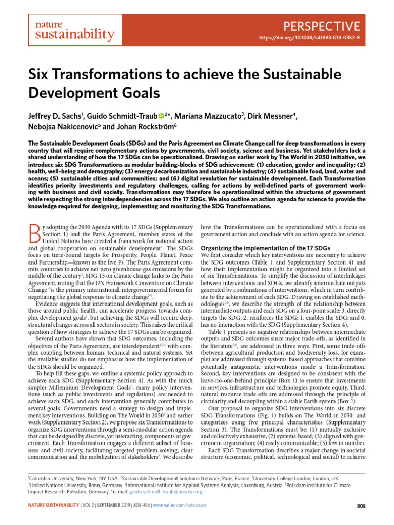 Sachs+Et+Al+ (2019) Six+Transformations+to+Achieve+the+SDGs 2 | PDF