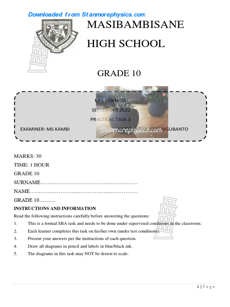 Life Sciences Grade 10 TERM 3 Practical Task 2022 and Memo | PDF