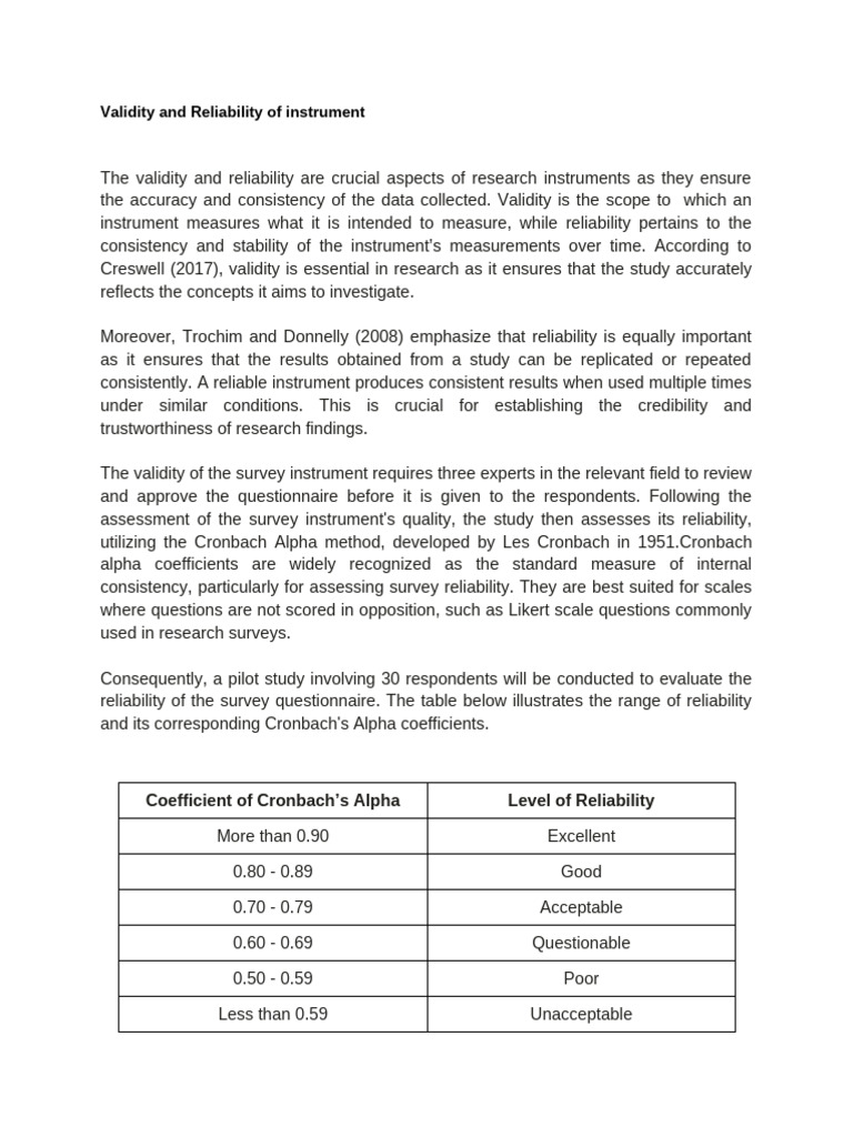 Validity and Reliability of Instrument | PDF