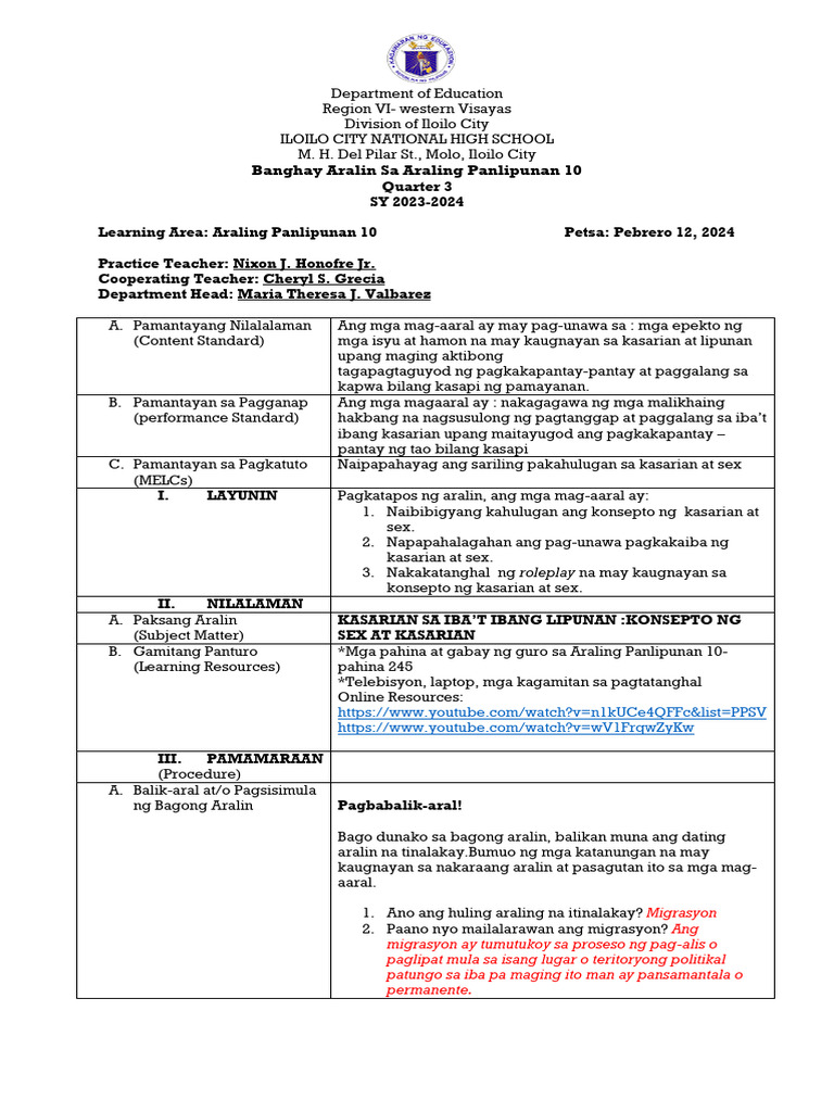 Banghay Aralin Sa Araling Panlipunan 10 3rd Quarter Aralin 1-Konsepto NG Kasarian at Sex | PDF