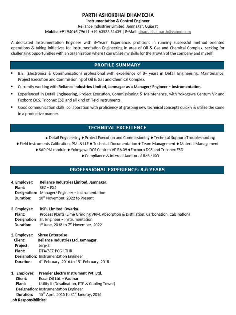 Parth Dhamecha - Instrument Resume 8 Years | PDF