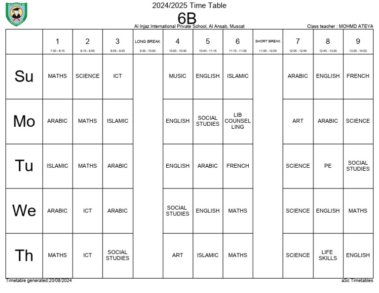 6BTimetable2024 2025 | PDF