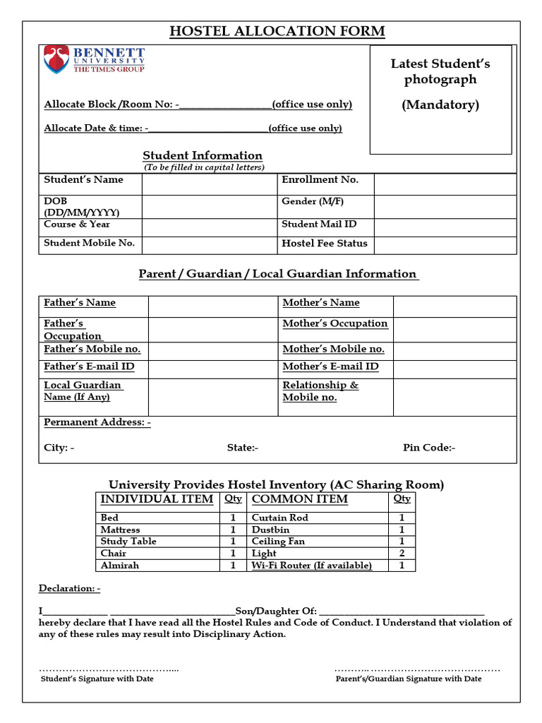 Annexure 2 (Hostel Allocation Form) | PDF