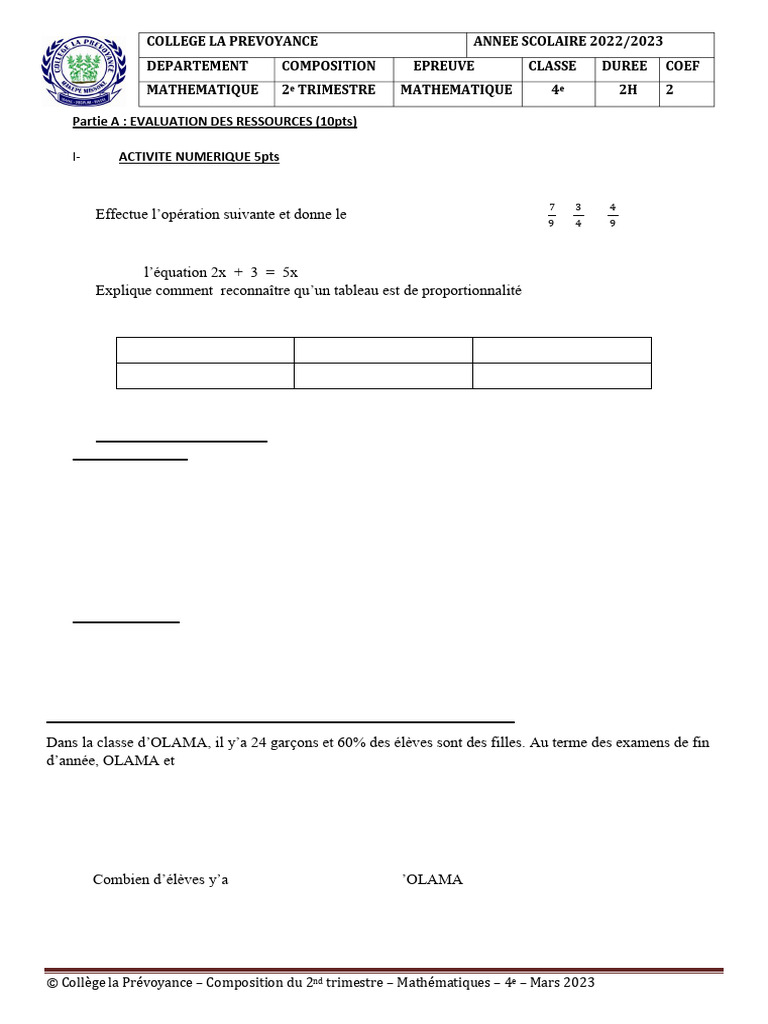 Math 4e Comp Trim2 Mars 2023 | PDF