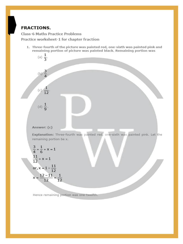 Fractions.: Class-6 Maths Practice Problems Practice Worksheet-1 For ...