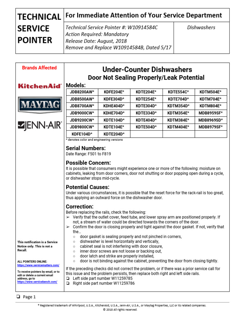 Service Pointer w10914584c Door Not Sealing Properly - Leak Potential | PDF | Dishwasher