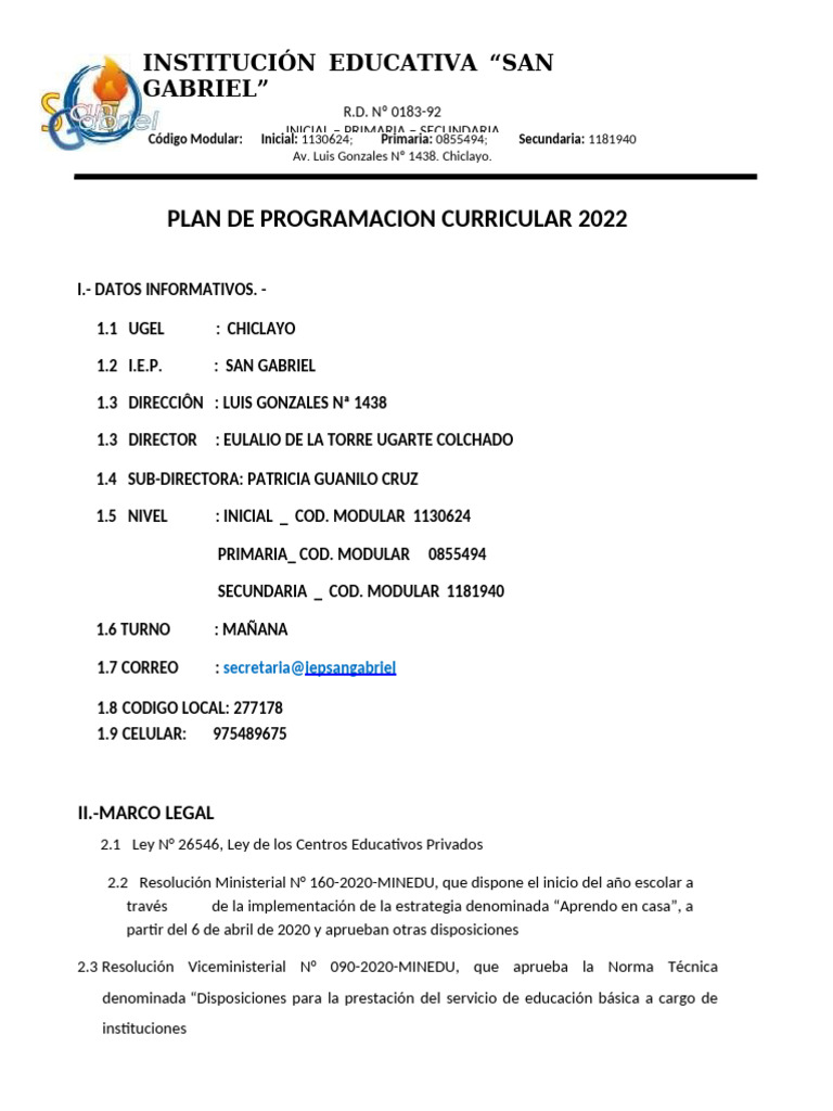 Plan de Programacion Curricular 2022 | PDF Plan de Programacion Curricular 2022 | PDF