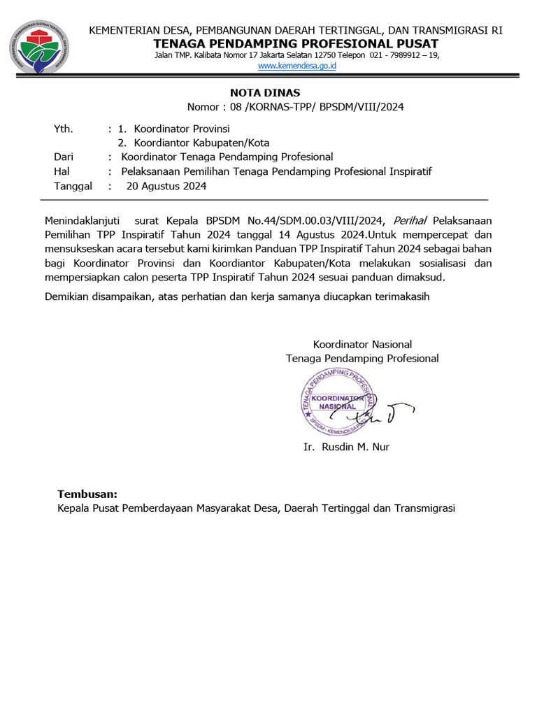 Nota Dinas Koornas Terkait TPP Inspiratif 2024 | PDF