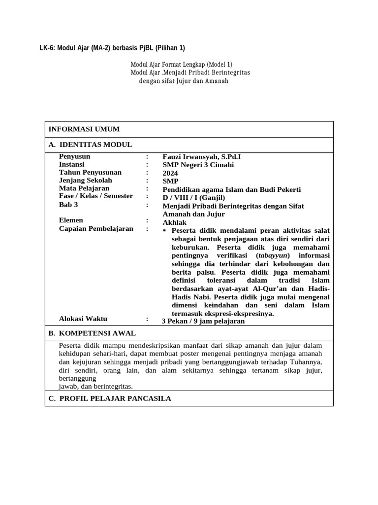 Modul Ajar Integritas PjBL untuk SMP | PDF | Karier & Perkembangan ...