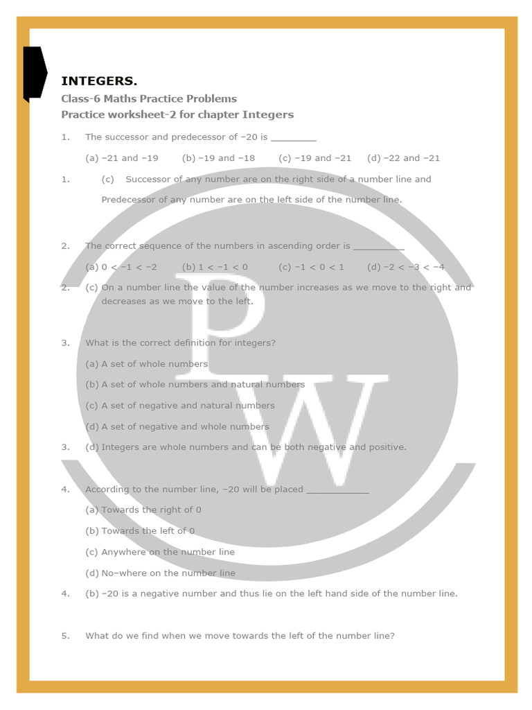 Integers.: Class-6 Maths Practice Problems Practice Worksheet-2 For ...