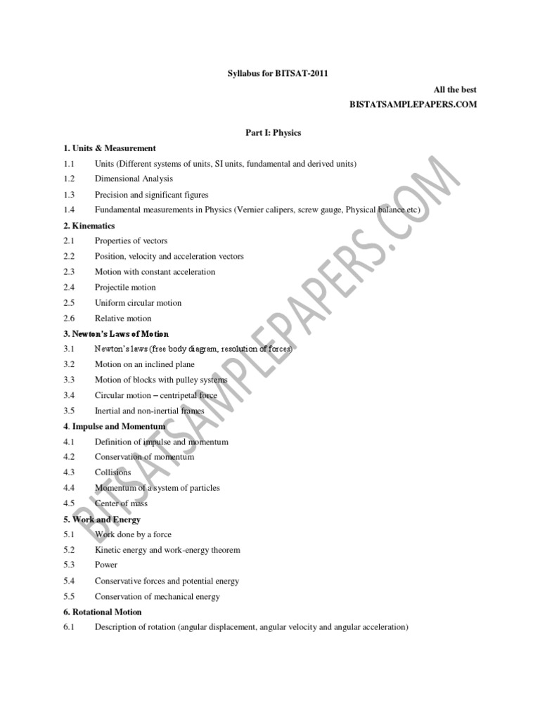 BITSAT 2011 Syllabus | PDF | Differential Calculus | Integral