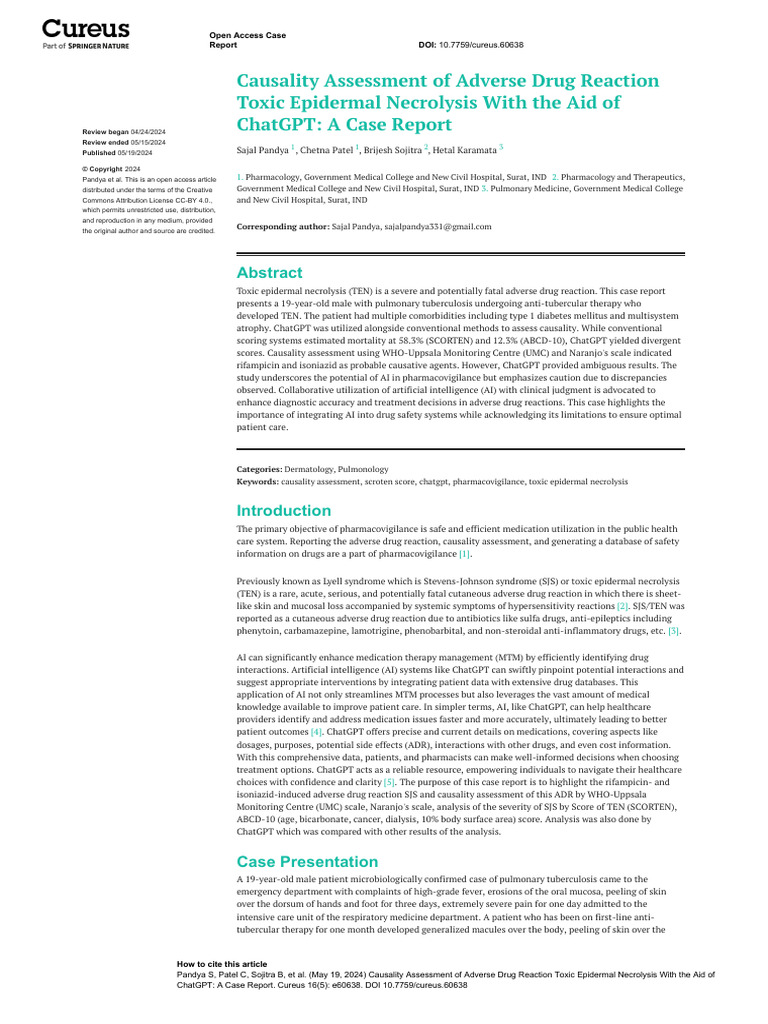 Causality Assessment of Adverse Drug Reaction Toxic Epidermal ...