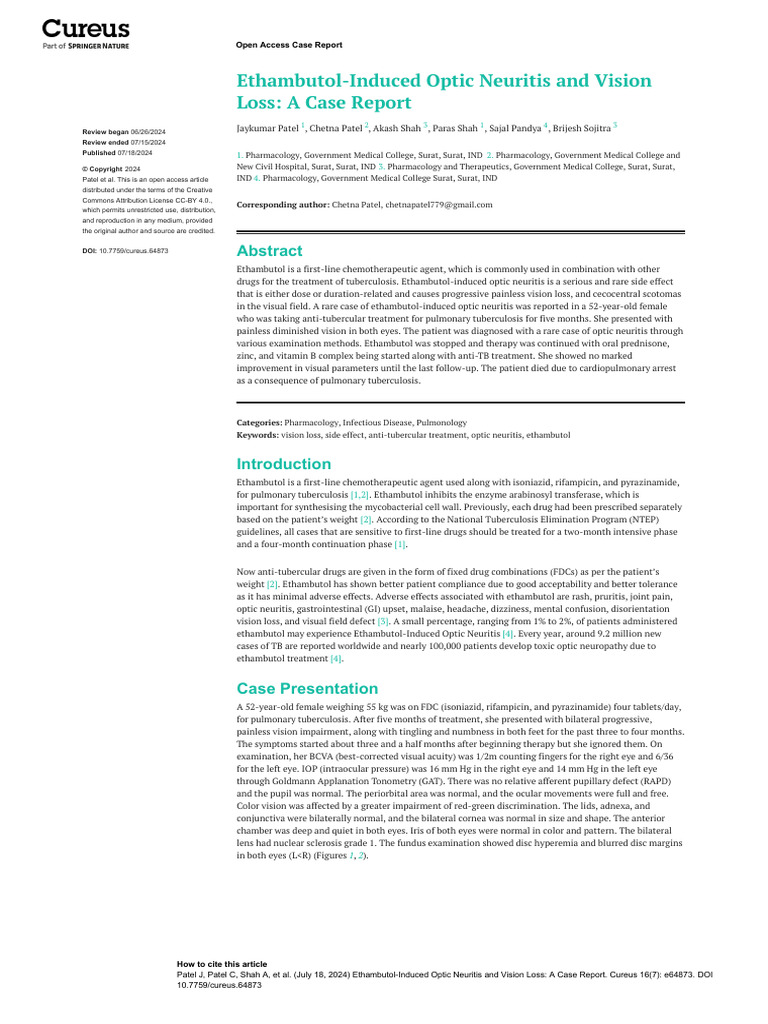 Ethambutol-Induced Optic Neuritis and Vision Loss: A Case Report | PDF