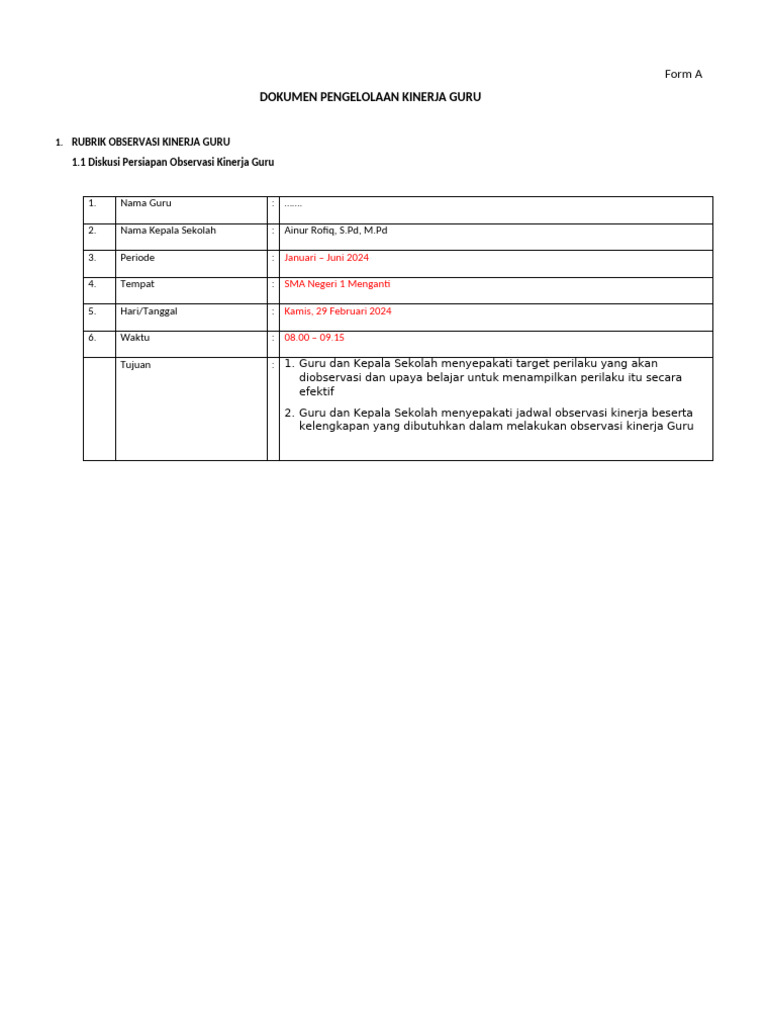 Form A Persiapan Observasi-1 | PDF