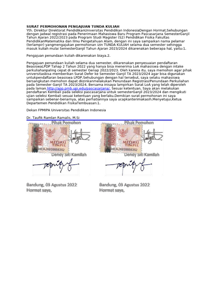 Surat Permohonan Pengajuan Tunda Kuliah | PDF