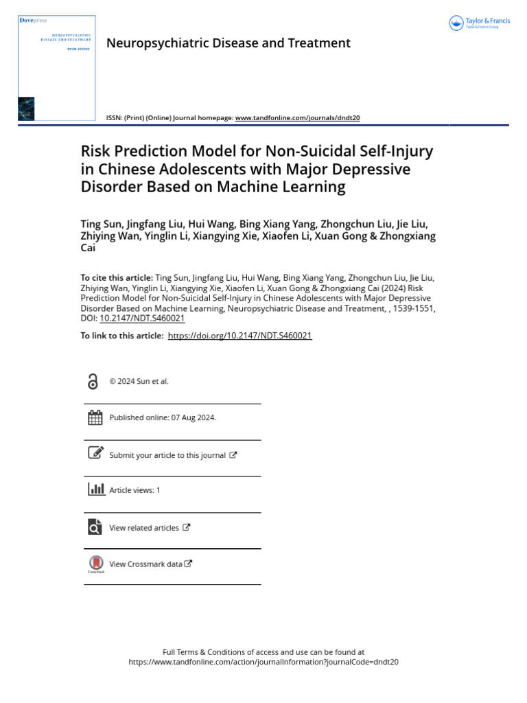 Risk Prediction Model For Non-Suicidal Self-Injury in Chinese Adolescents With Major Depressive ...