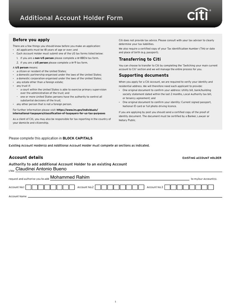 Additional Account Holder Application Form | PDF | Identity Document ...