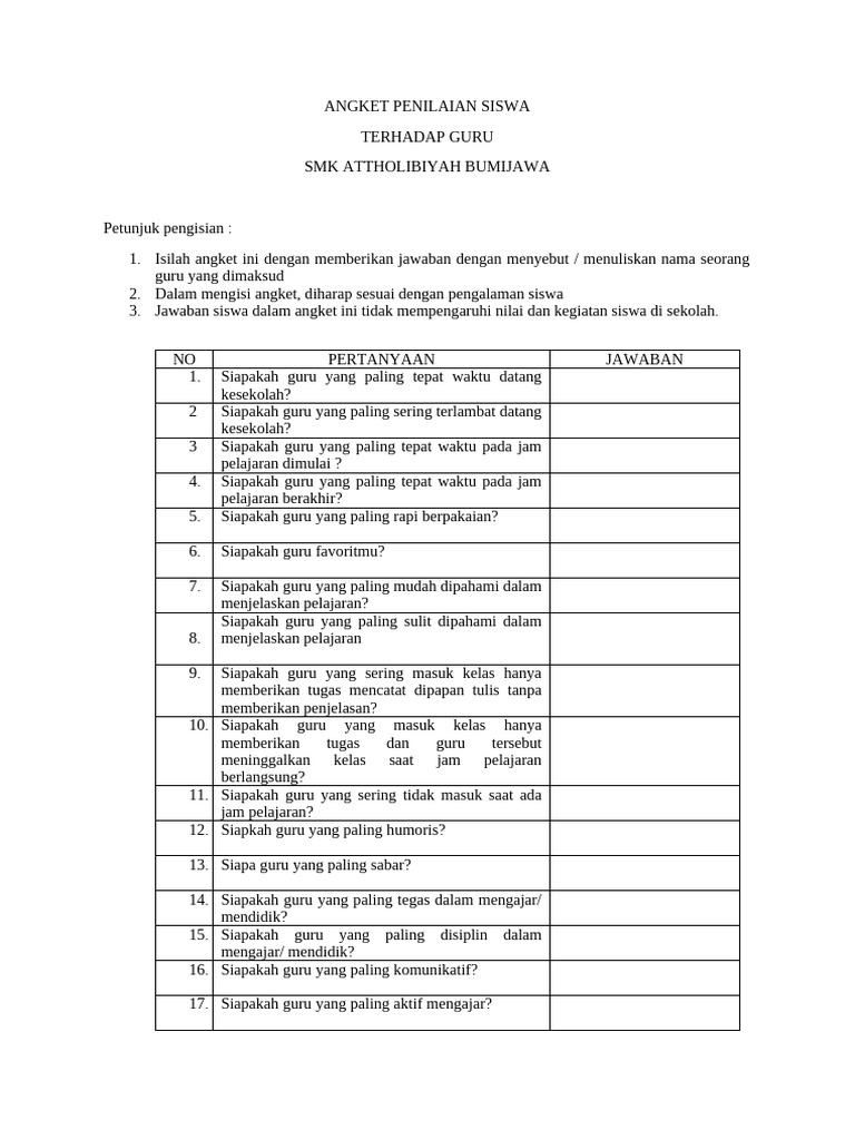 ANGKET PENILAIAN SISWA Terhadap Guru | PDF ANGKET PENILAIAN SISWA Terhadap Guru | PDF