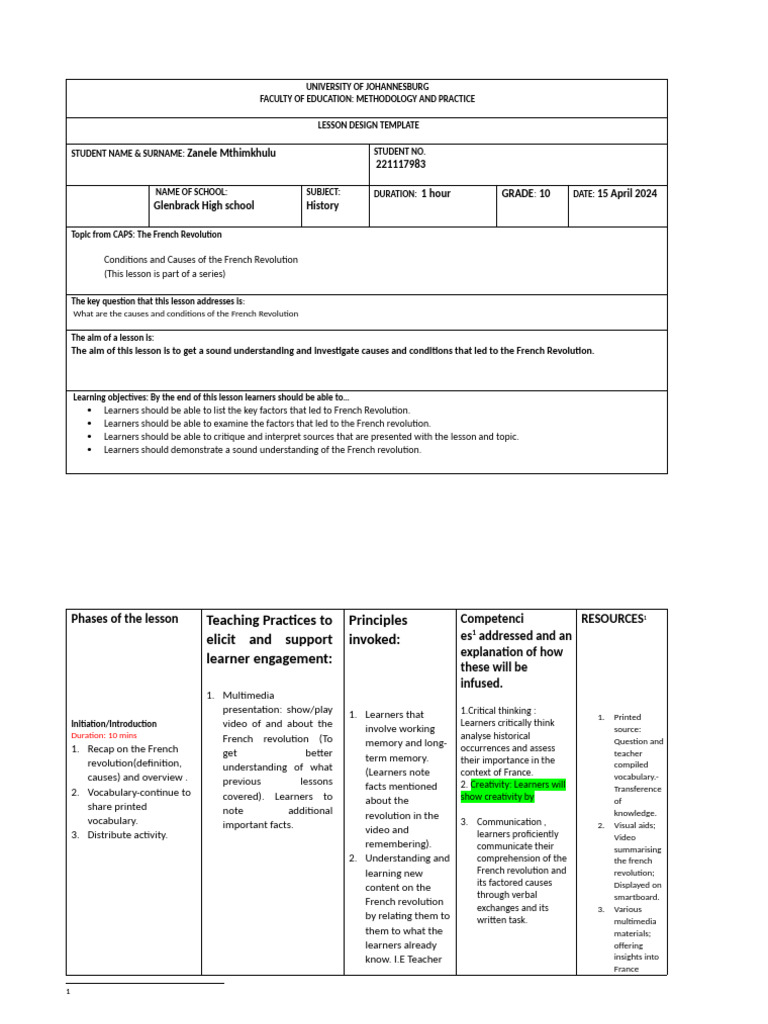 My Lesson Plan History Grade 10 | PDF