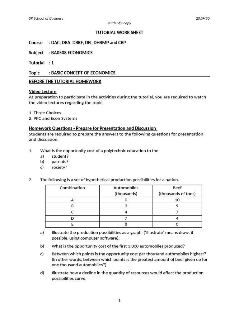 Economics Tutorial: Opportunity Cost Basics | PDF | Economics | Art