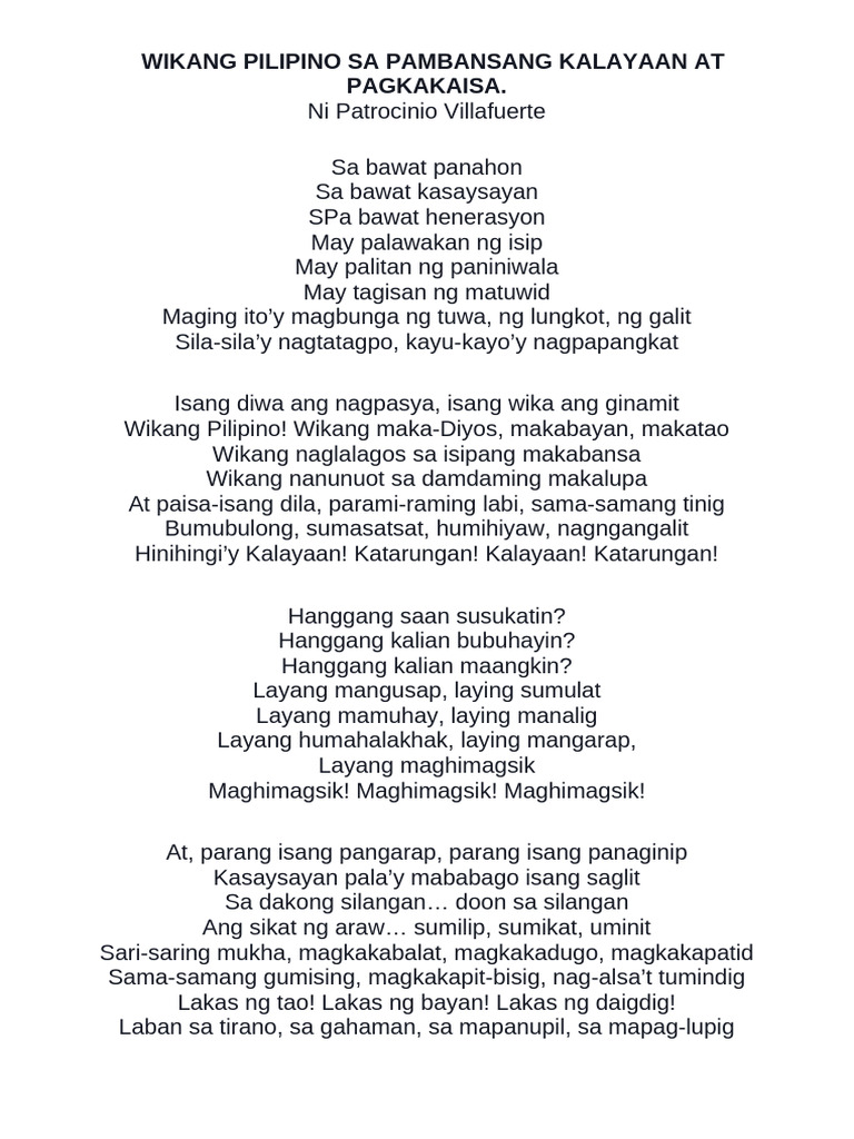 Wikang Pilipino Sa Pambansang Kalayaan at Pagkakaisa | PDF