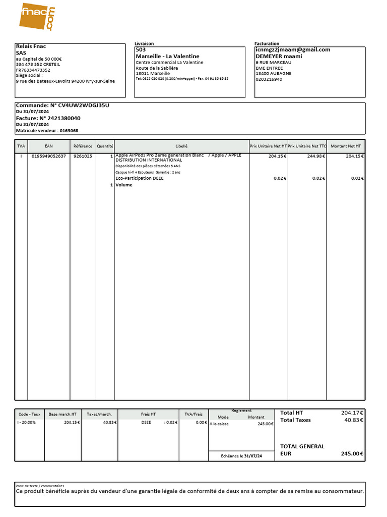 Facture Airpods Pro 2 | PDF