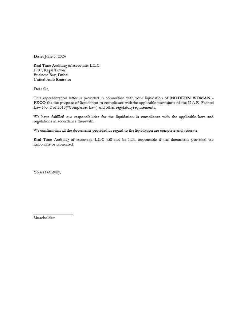 Management Representation Letter For Liquidation of MODERN WOMAN - FZCO ...