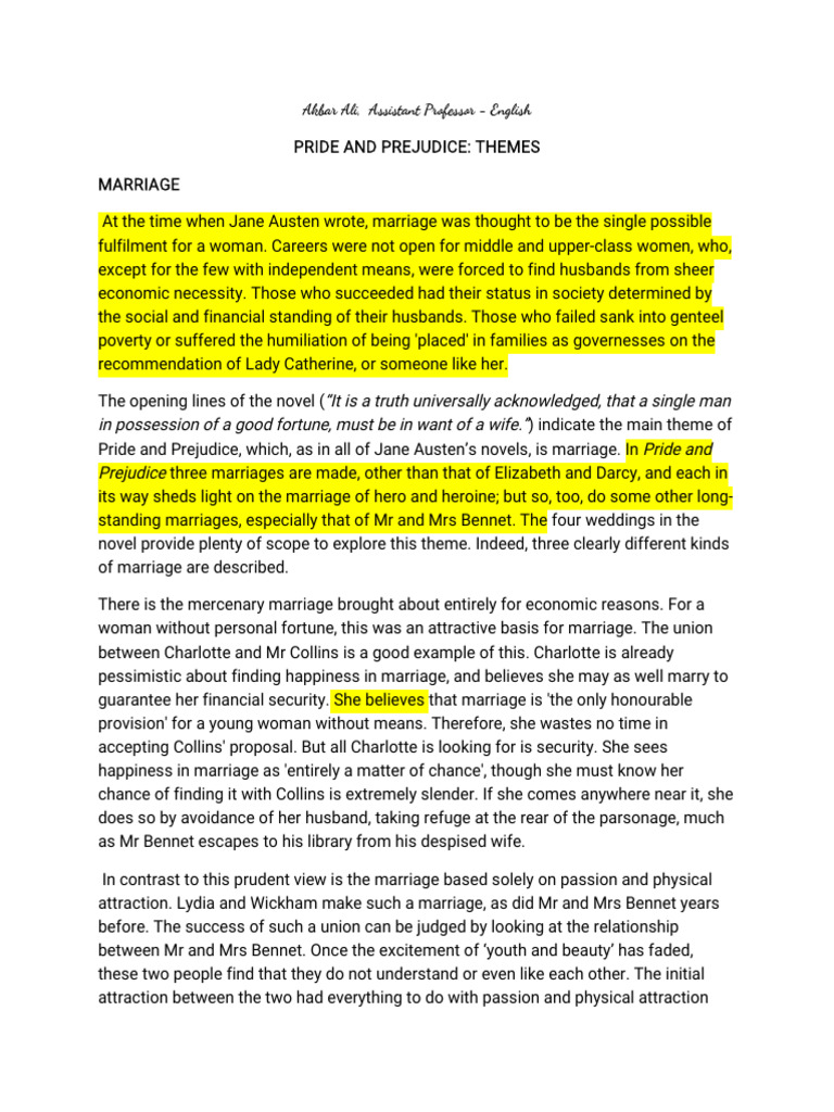 Themes in Pride and Prejudice | PDF