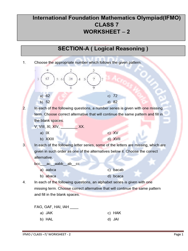IFMO Class 7 Worksheet 2 | PDF