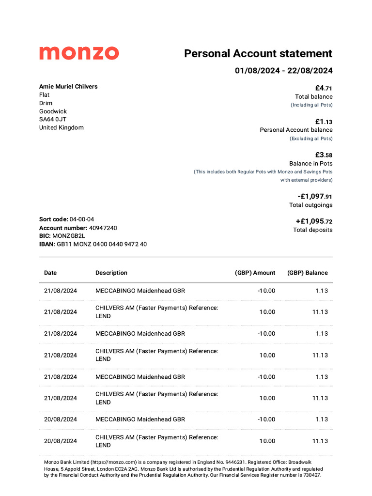 Monzo - Bank - Statement - 2024 08 01 2024 08 22 - 9338 | PDF