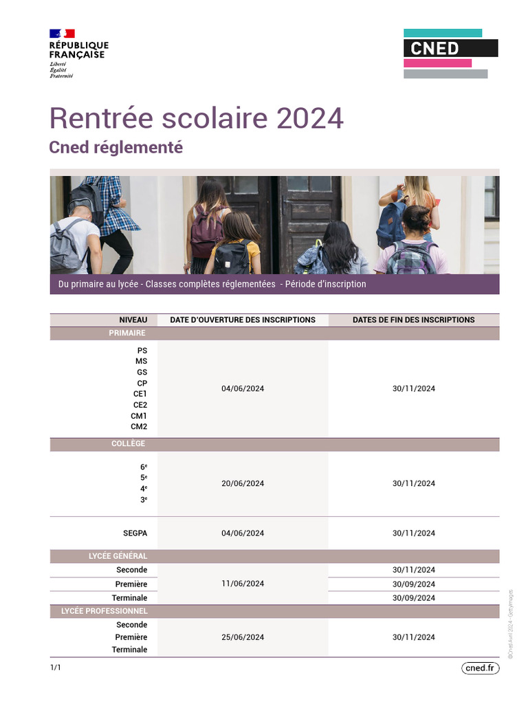 Calendrier Inscriptions Rentree Scolaire 2024 - Cned Reglemente | PDF
