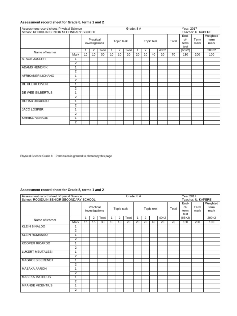 Assessment Record Sheet For Grade 8 2017 | PDF