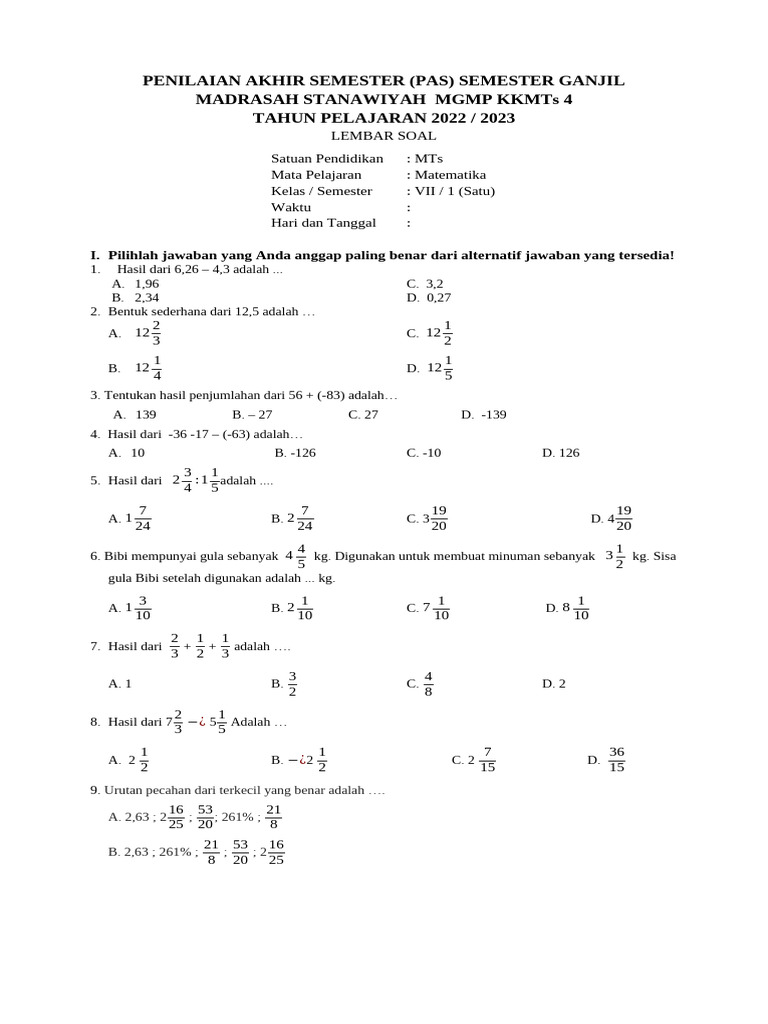 Lembar Soal Matematika Pas 2023 Mts Kkmts 5 | PDF