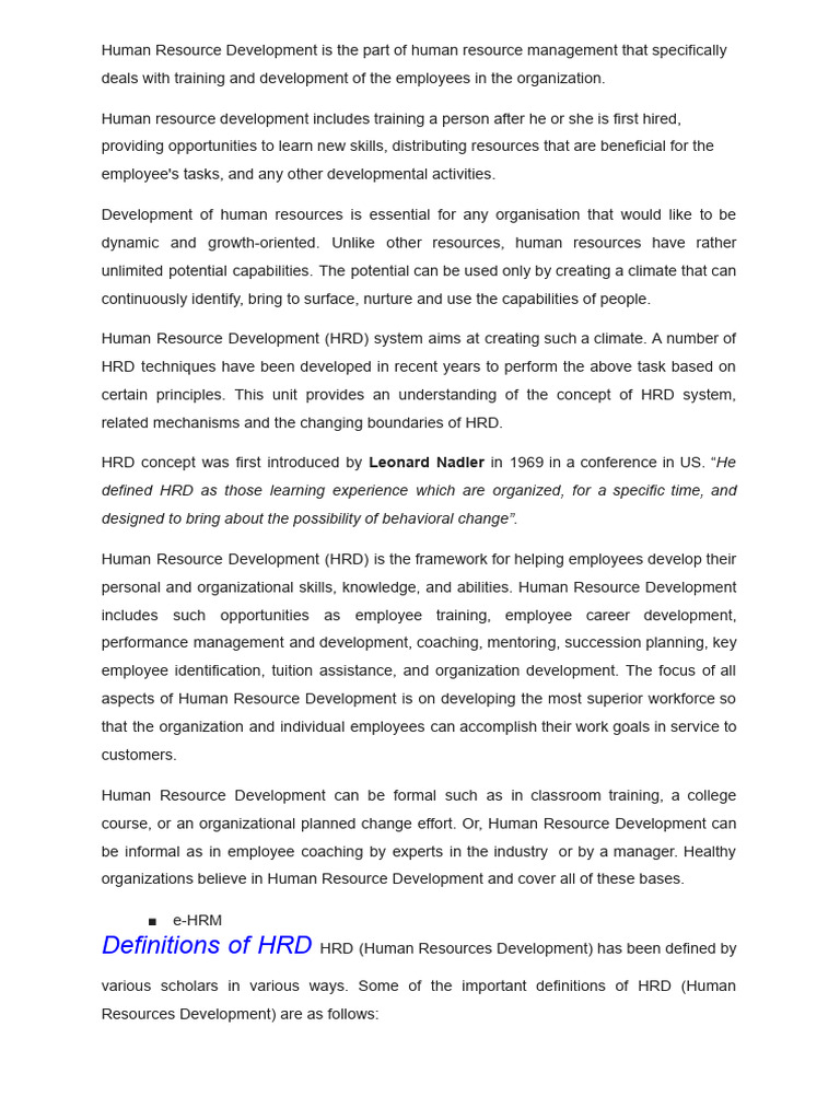 Definitions of HRD | PDF | Human Resources | Career & Growth