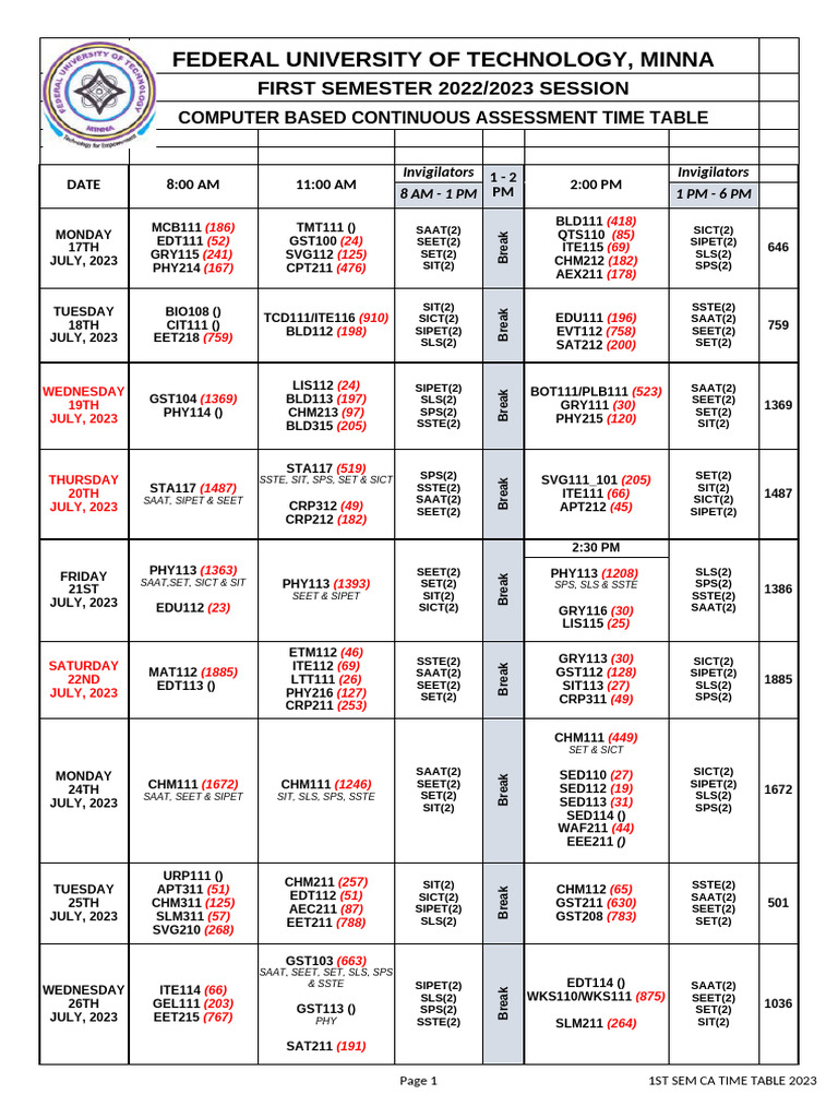 2022 - 23 First Semester Ca Time Table | PDF