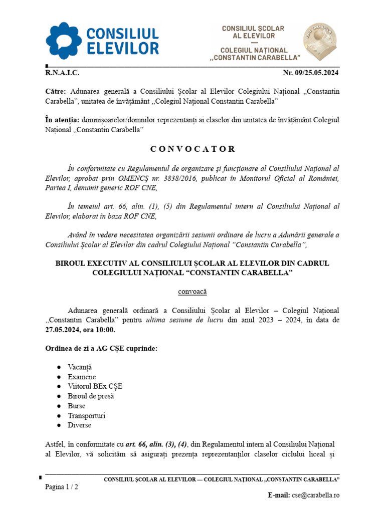 Convocator AG CȘE - Sesiunea Ordinara 27 Mai | PDF