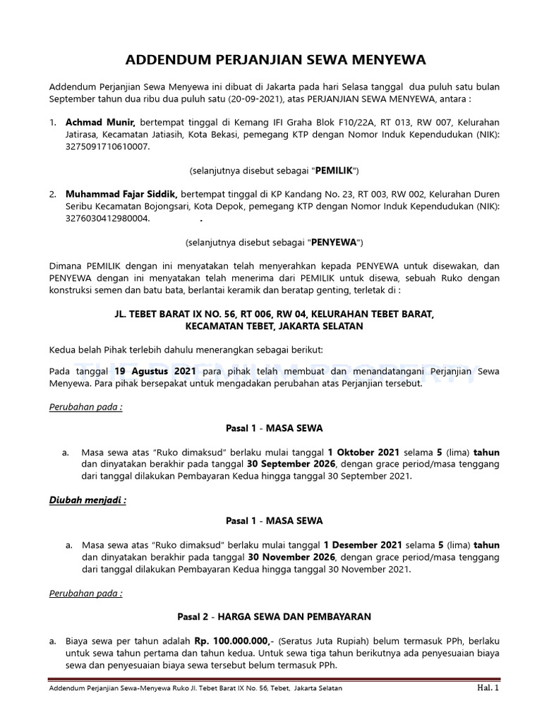Addendum Perjanjian Sewa Menyewa - Ruko Tebet Barat IX No. 56 | PDF