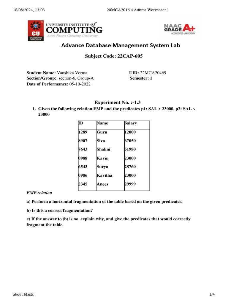 20MCA2016 4 Adbms Worksheet 1 | PDF