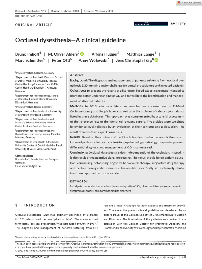 Occlusal Dysesthesia A Clinical Guideline | PDF