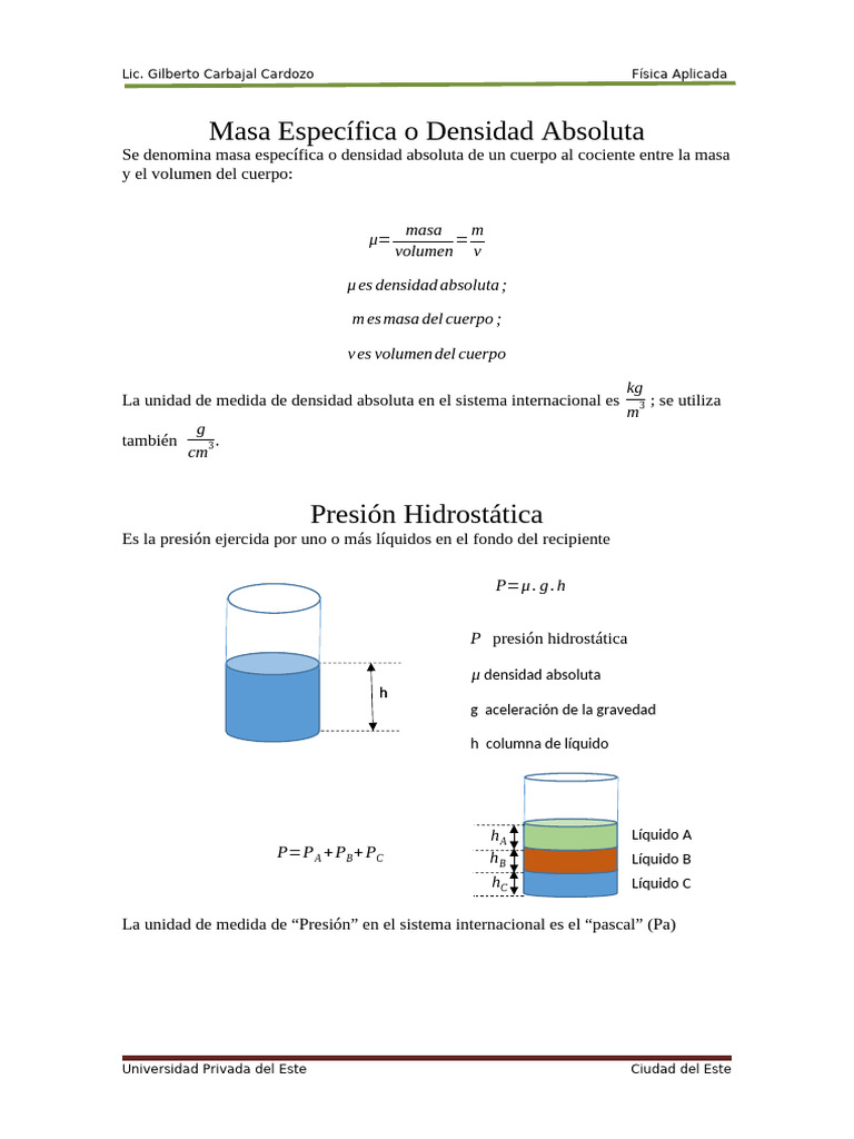 Hidrostática (Presión Hidrostática) | PDF | Densidad | Volumen