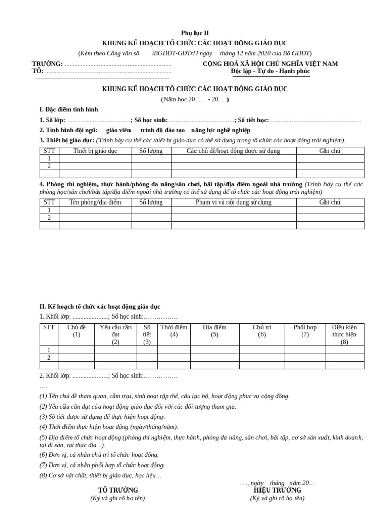 Phu Luc 2 Khung Ke Hoach To Chuc HDGD | PDF