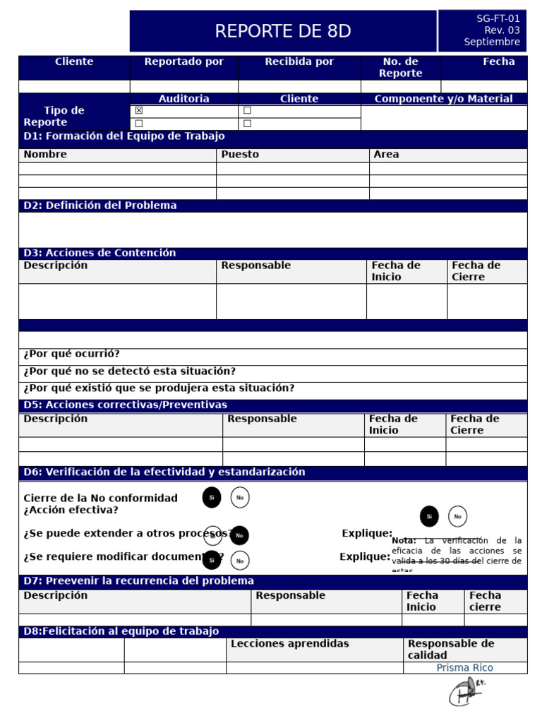 SG-FT-01 Reporte de 8D | PDF
